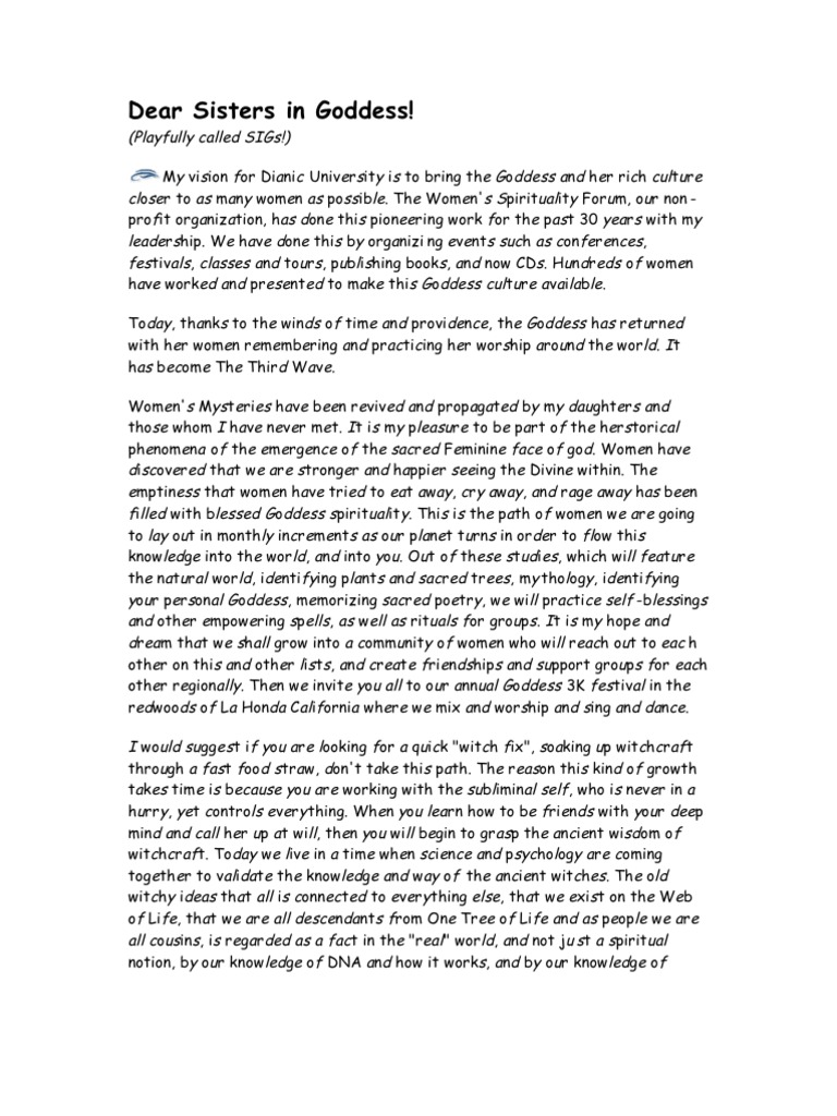 Dear Sisters in Goddess (Dianic Wicca) | PDF | Goddess | Witchcraft
