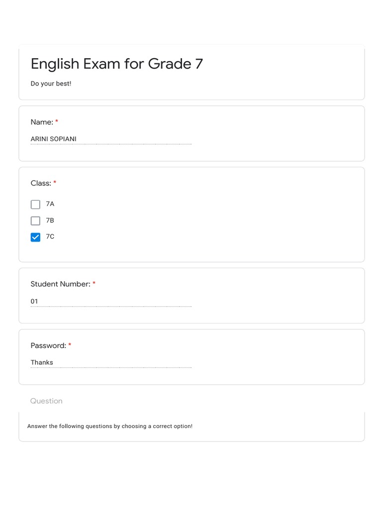 English Exam For Grade 7: Name | PDF