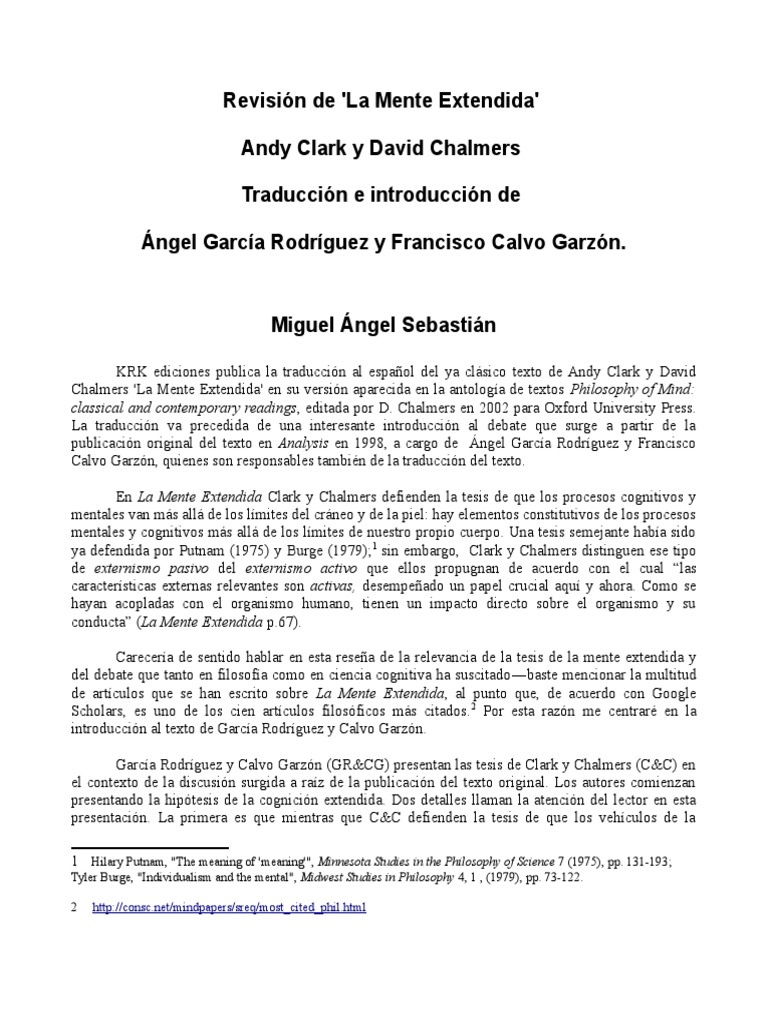 Revisión de 'La Mente Extendida' | PDF | Mente | Teoría