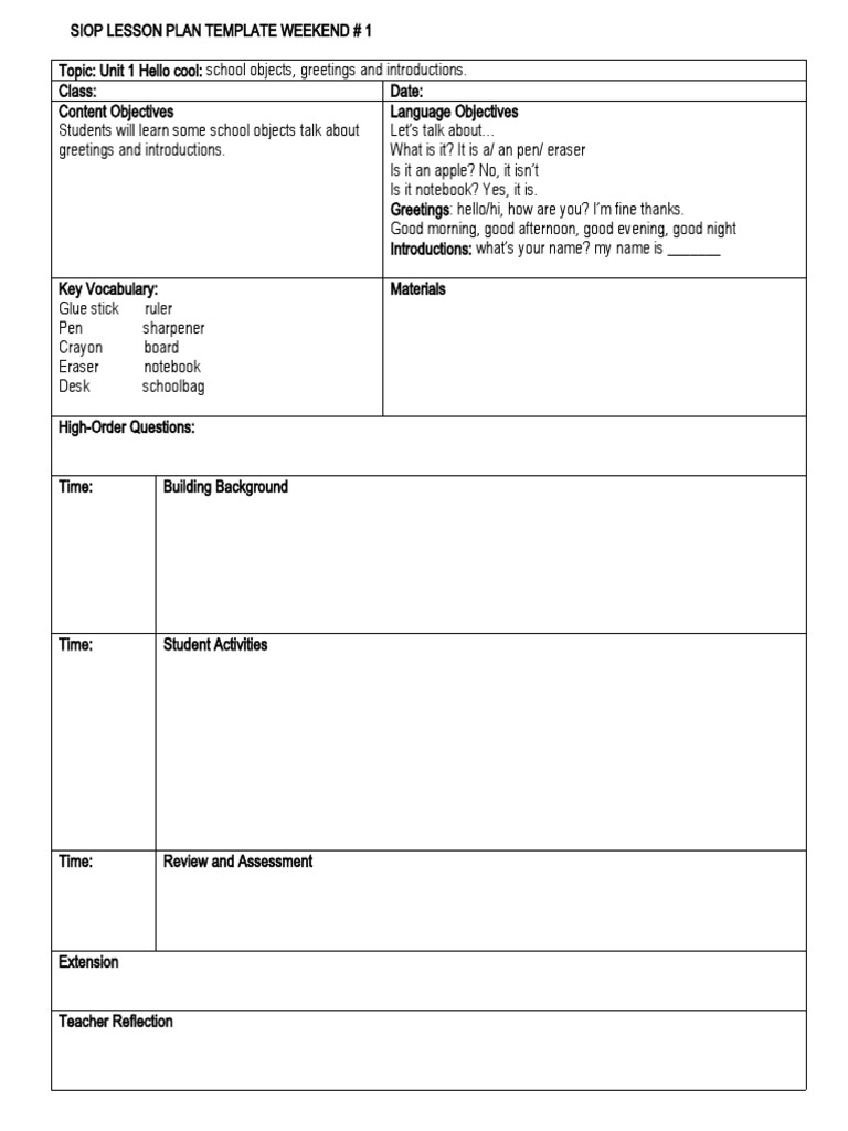 Siop Lesson Plan Template Horas Sociales | PDF | Lesson Plan | Classroom