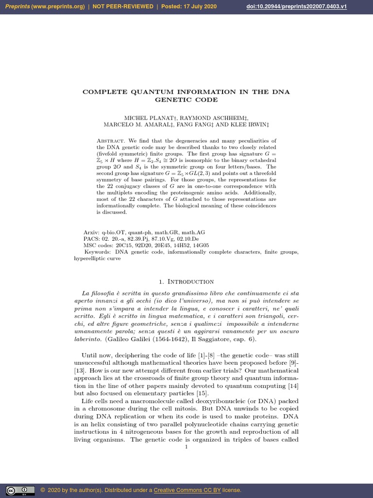 Complete Quantum Information in The DNA Genetic Code | PDF | Genetic ...