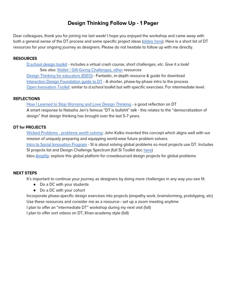 Design Thinking Follow Up 1-Pager | PDF