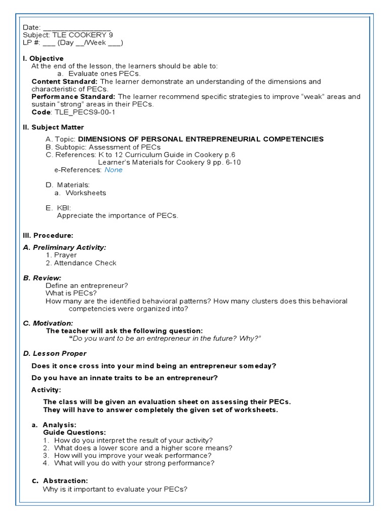 LP #02 - PECS Assessment | PDF | Entrepreneurship | Lesson Plan