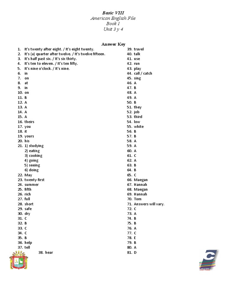 American English File Book 1 Unit 3 y 4: Answer Key | PDF | Linguistics | Syntax