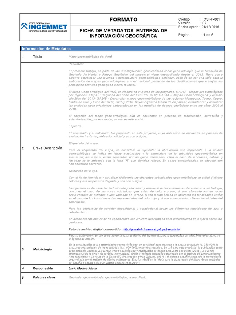 OSI-F-001 Metadato - GEOCATMIN - Mapa Geomorfologico - Peru - Versión ...