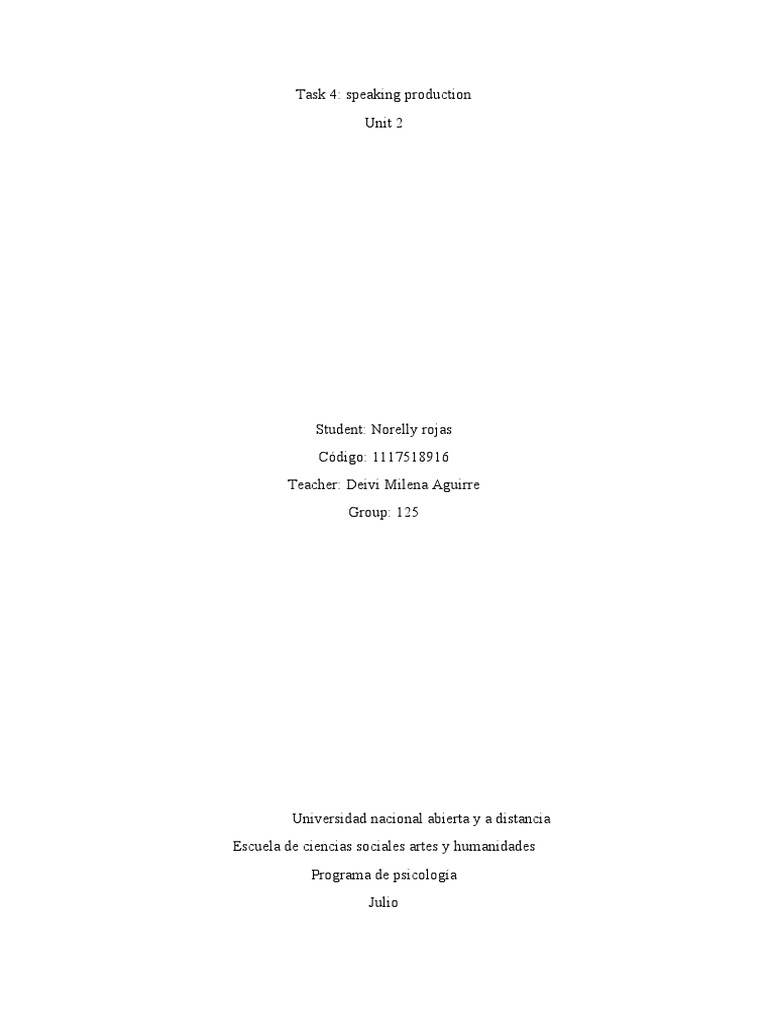 Task 4: Speaking Production Unit 2 | PDF