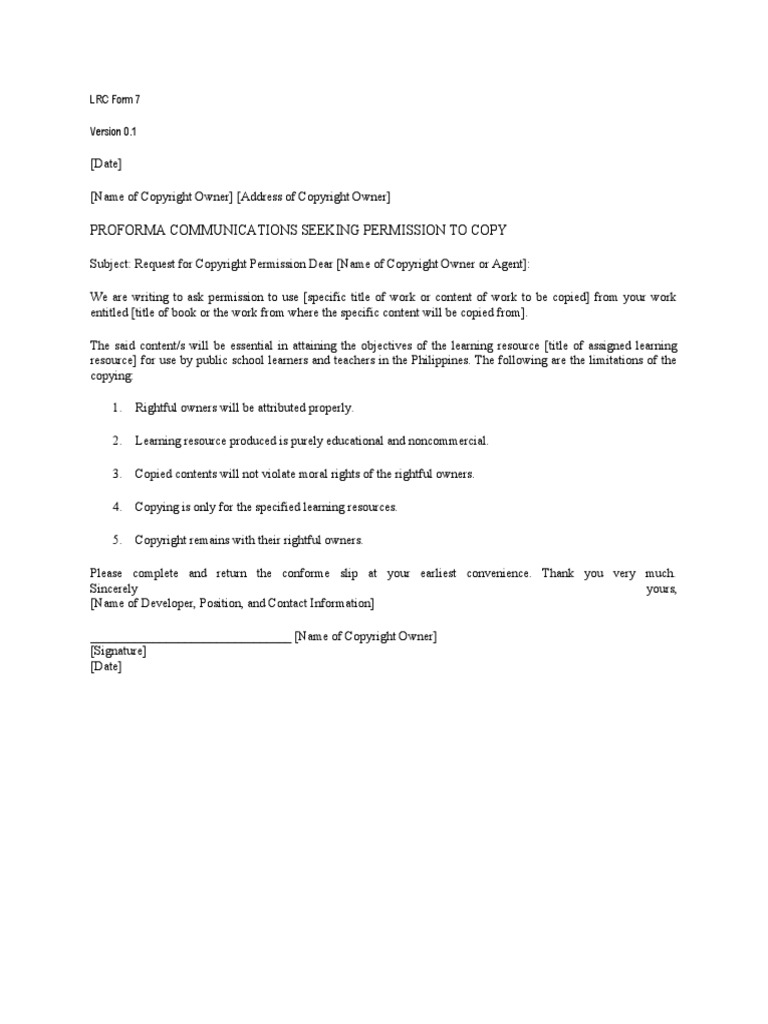 Proforma Communications Seeking Permission To Copy: LRC Form 7 | PDF ...