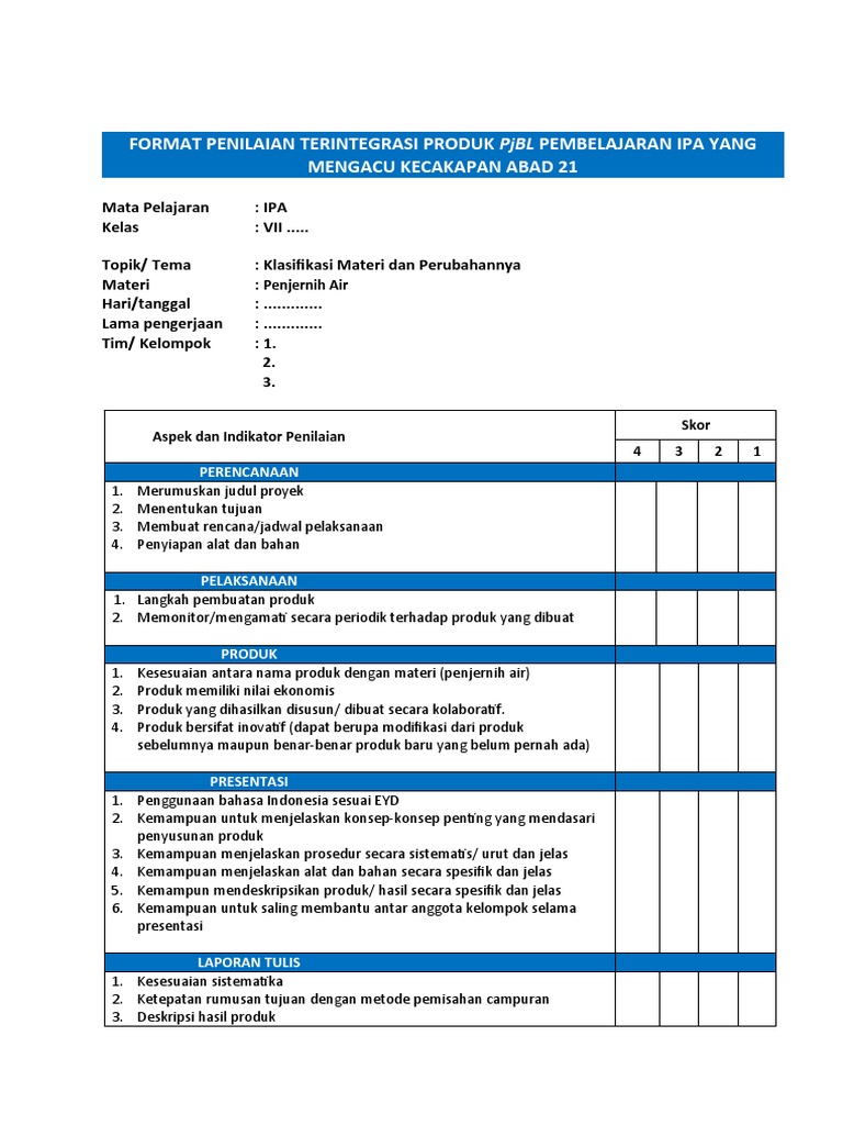 Format Penilaian Produk PJBL OK | PDF