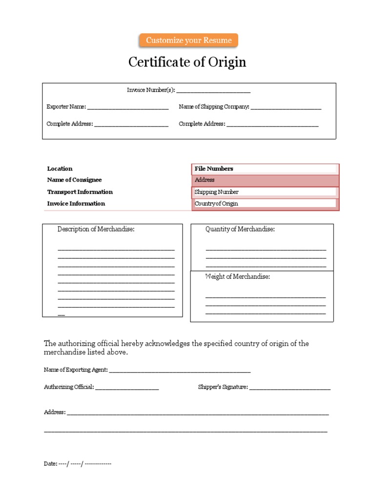 Certificate Origin Template Merchandise | PDF | Business Law | Media ...
