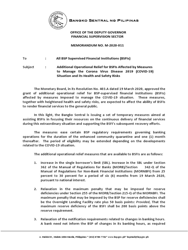 BSP Memorandum No. M-2020-011 | PDF | Government | Financial Services