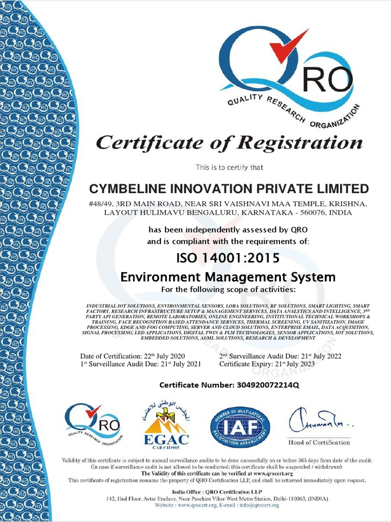 Cymbeline Innovation Private Limited Qro Egac 14001 | PDF