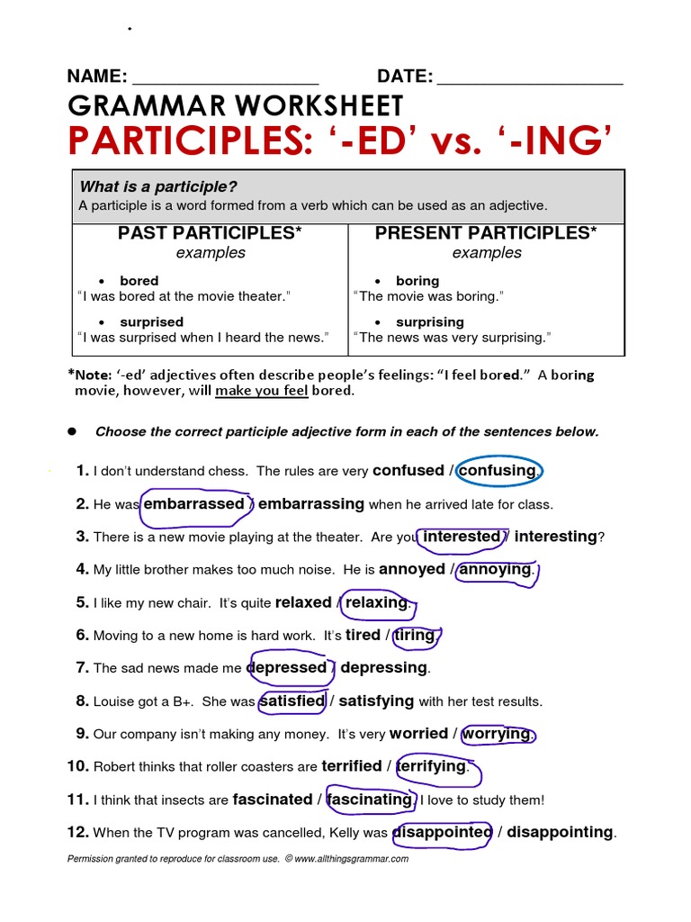 PARTICIPLES: - ED' vs. - ING': Grammar Worksheet | PDF | Linguistic ...