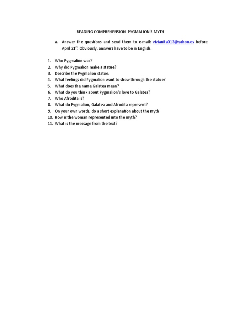 Reading Comprehension Pygmalion | PDF