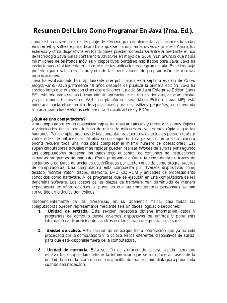 Resumen Del Libro Como Programar en Java | PDF | Java (lenguaje de ...