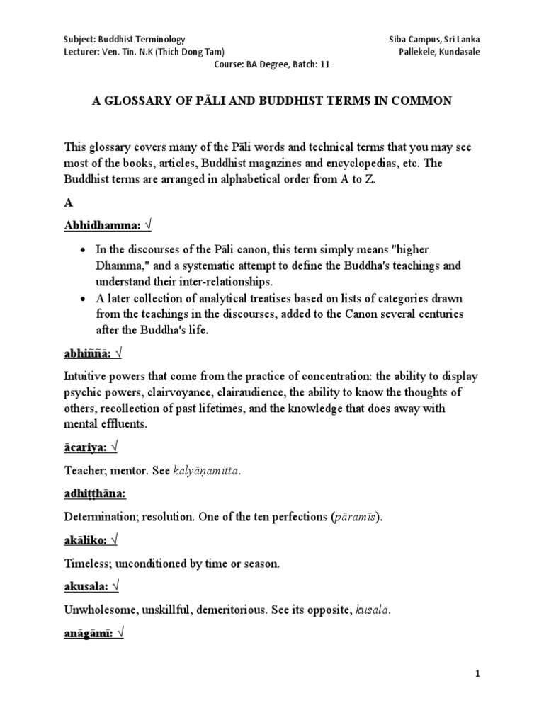 Buddhist Terms and Pāli Glossary | PDF | Gautama Buddha | Noble ...