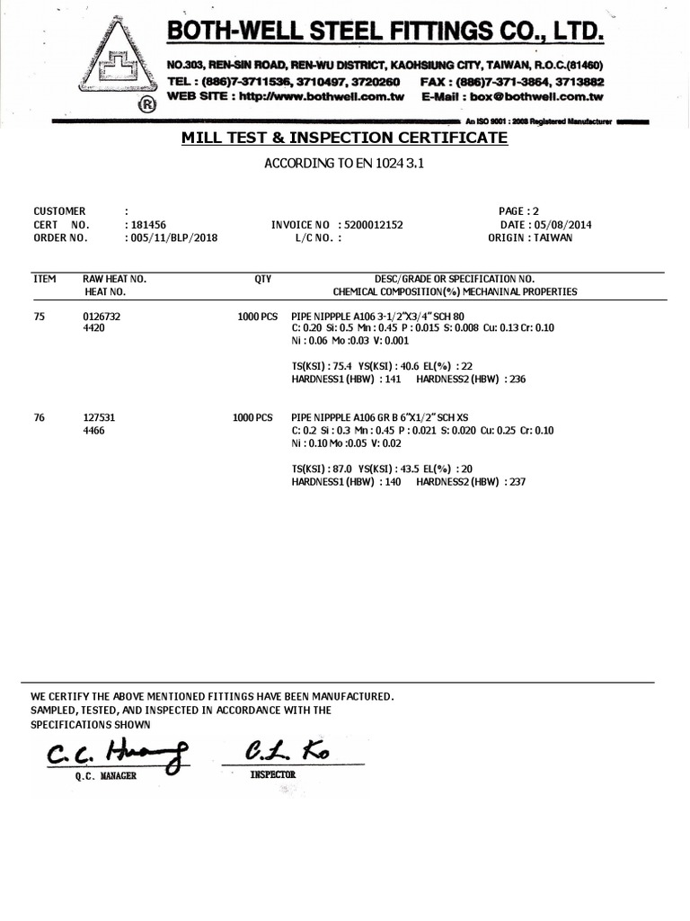Mill Test & Inspection Certificate: According To en 1024 3.1 | PDF