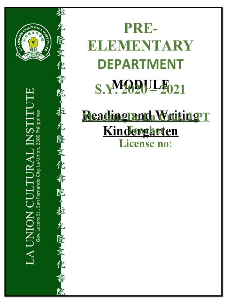 Reading and Writing Kindergarten: Pre-Elementary Department | PDF
