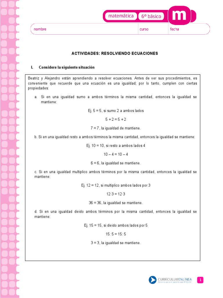Ejercicios de Ecuaciones para 6to Básico | PDF | Ecuaciones | Álgebra