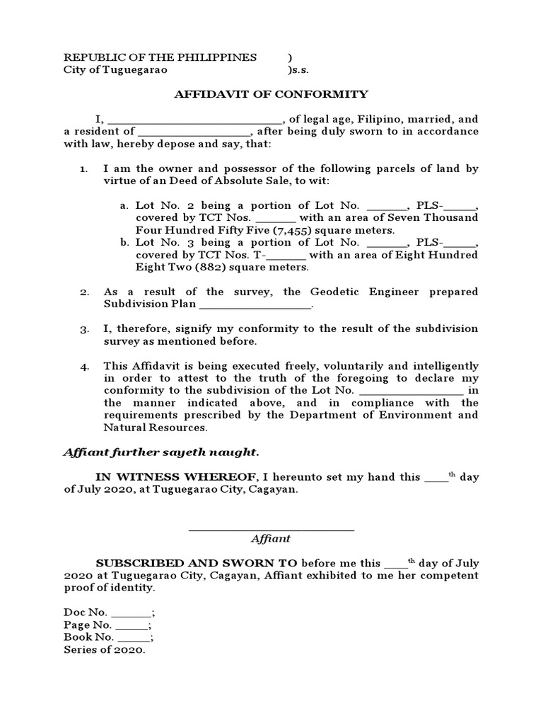 Affidavit of Conformity to Subdivision Survey Results | PDF