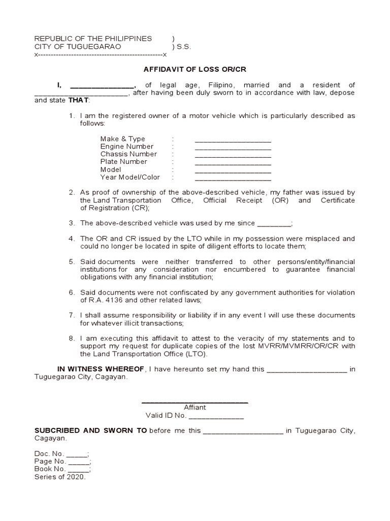 Affidavit of Loss or CR | PDF | Affidavit | Government Information