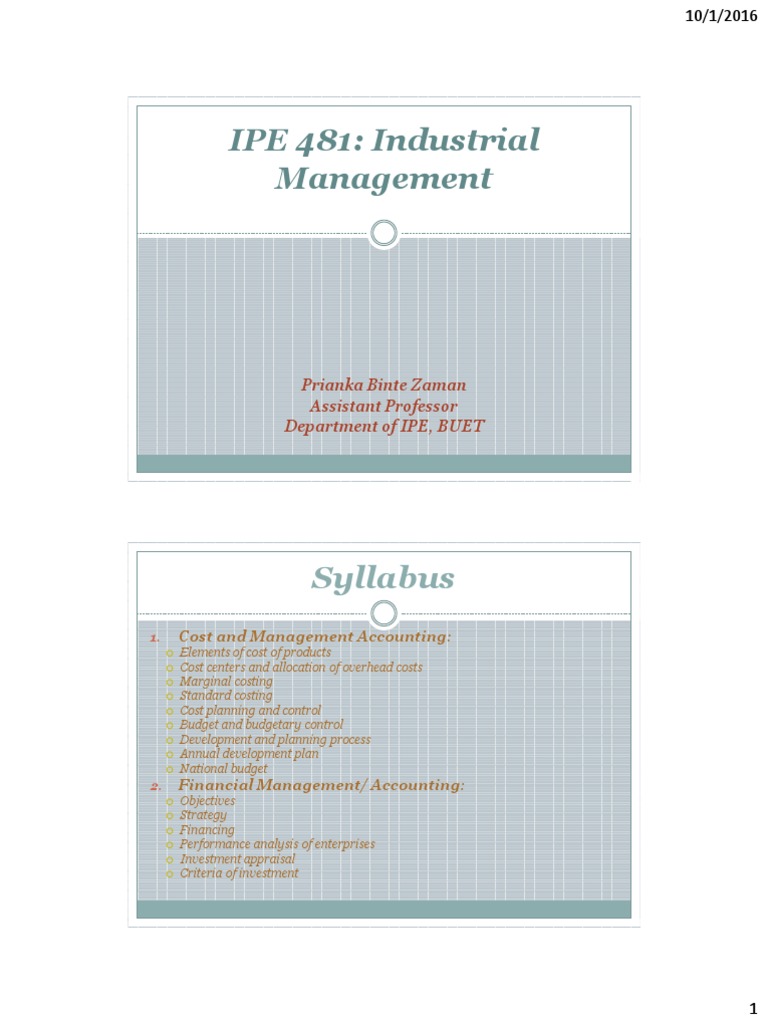 IPE 481: Industrial Management: Syllabus | PDF | Cost | Labour Economics