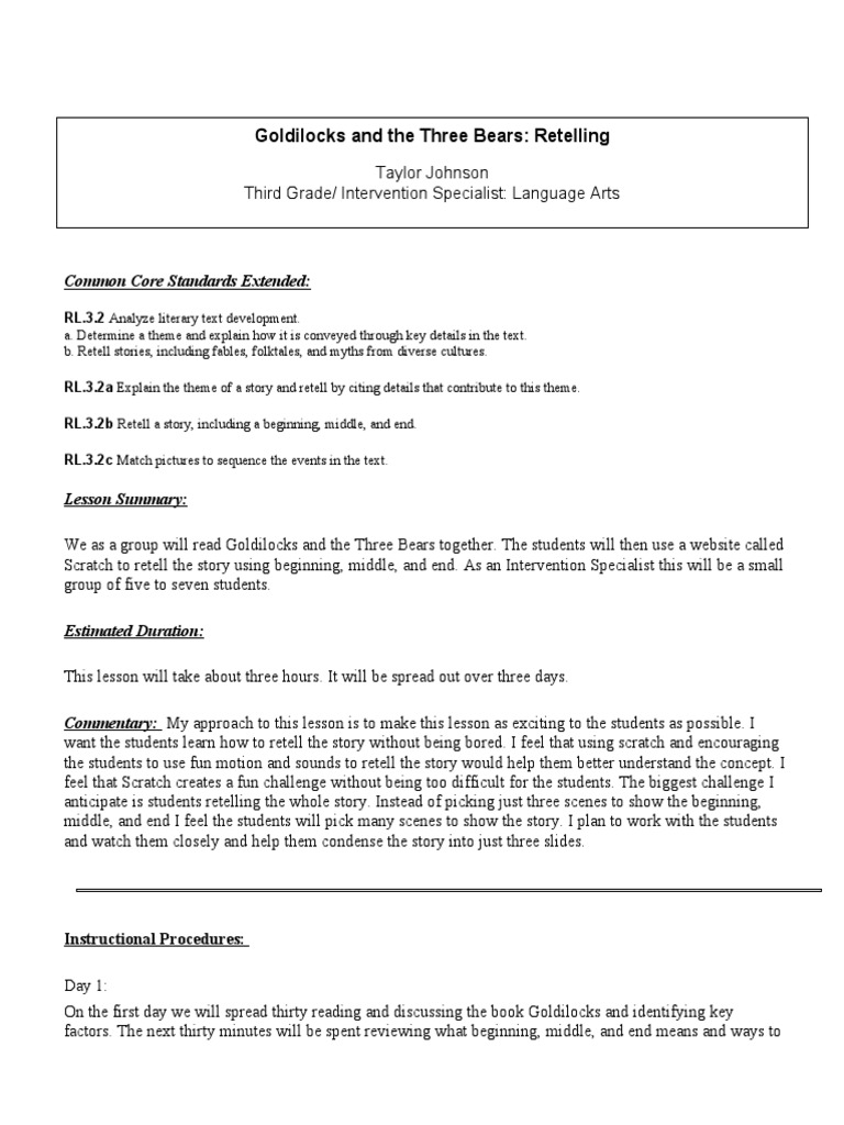 Goldilocks and The Three Bears: Retelling: Common Core Standards ...