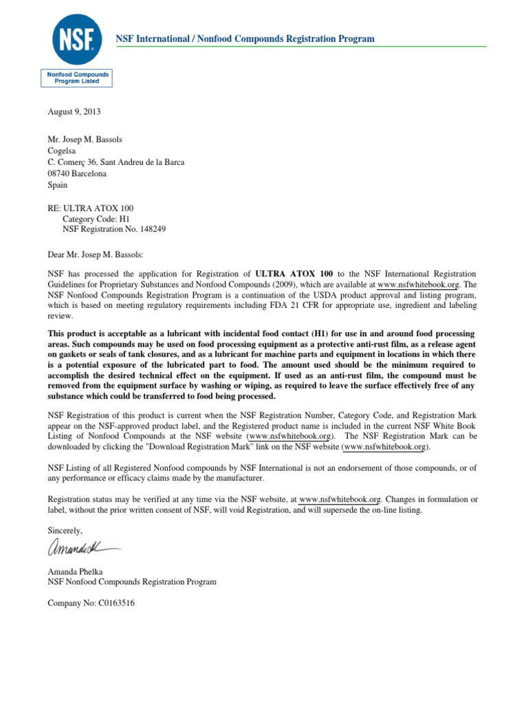 NSF International / Nonfood Compounds Registration Program | PDF