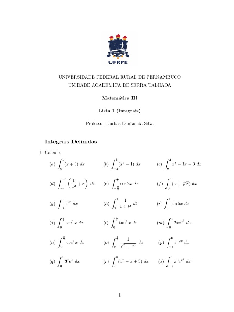 Lista de exercícios de cálculo: integrais definidas e primitivas de ...