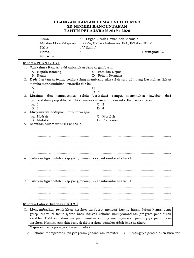 Ulangan Harian Tema 1 Sub Tema 3 | PDF