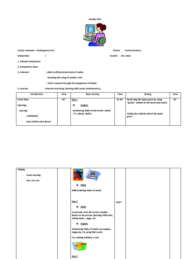 Contoh Pembuatan Weekly Plan | PDF | Newspapers | Teachers