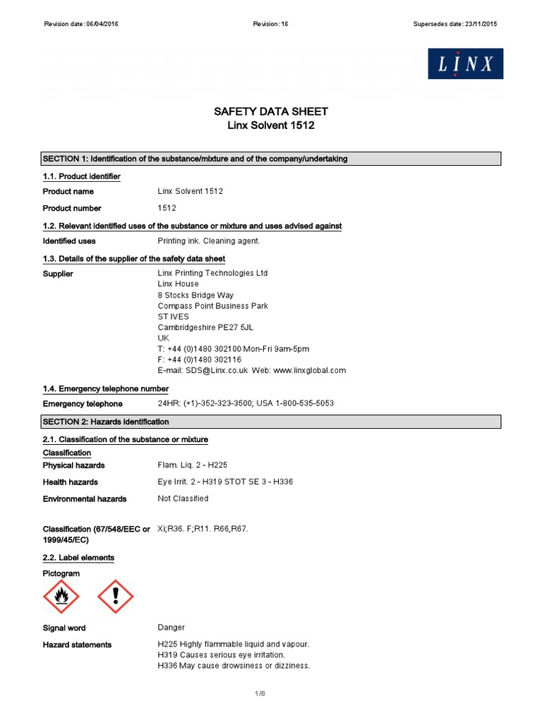Linx Solvent 1512-English | PDF | Personal Protective Equipment ...