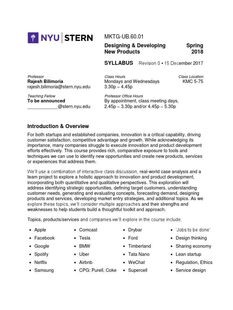 Designing & Developing New Products Spring 2018 Syllabus: MKTG-UB.60.01 ...