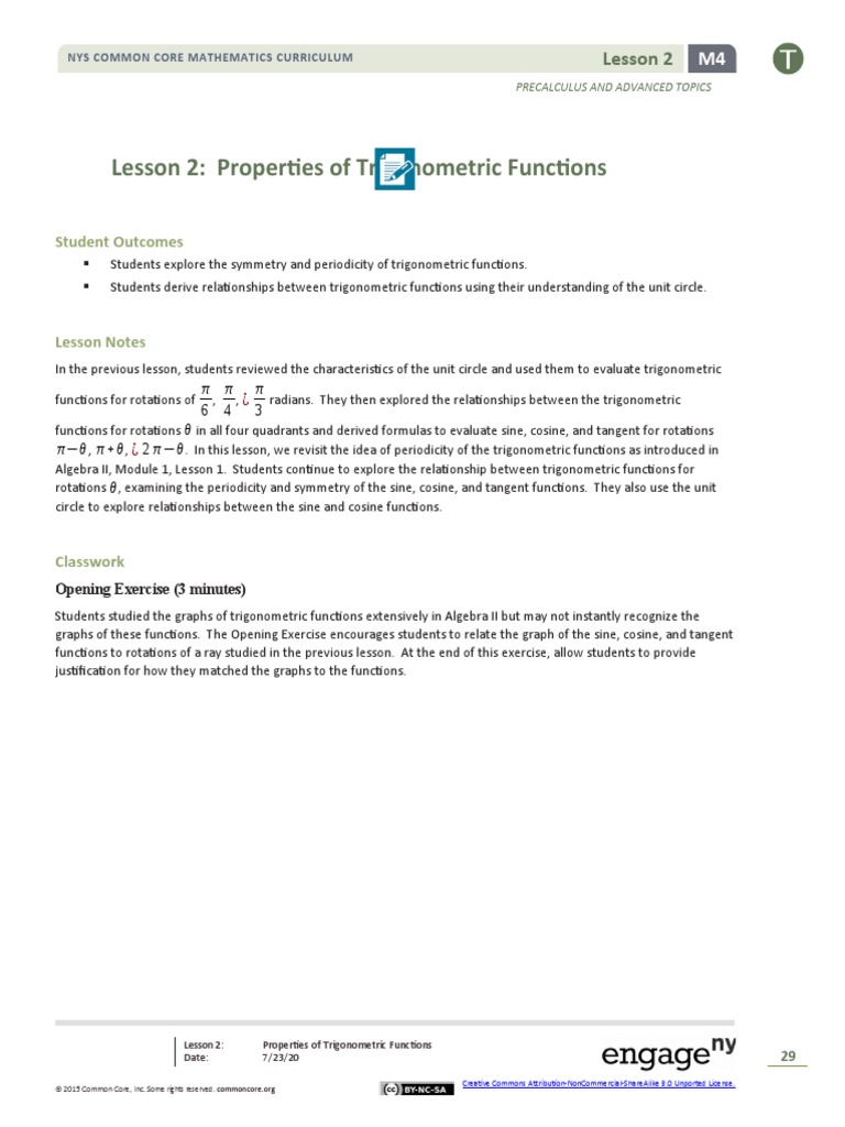 Lesson 2: Properties of Trigonometric Functions: Student Outcomes | PDF ...