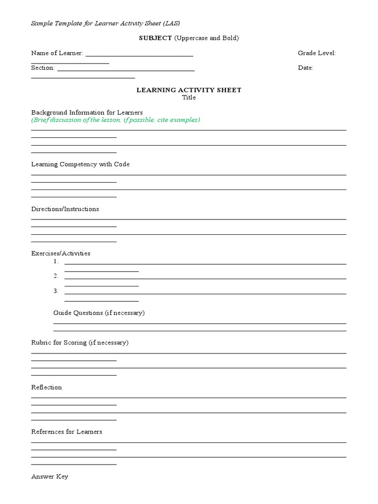 Sample Template For Learner Activity Sheet LAS English | PDF | Learning ...