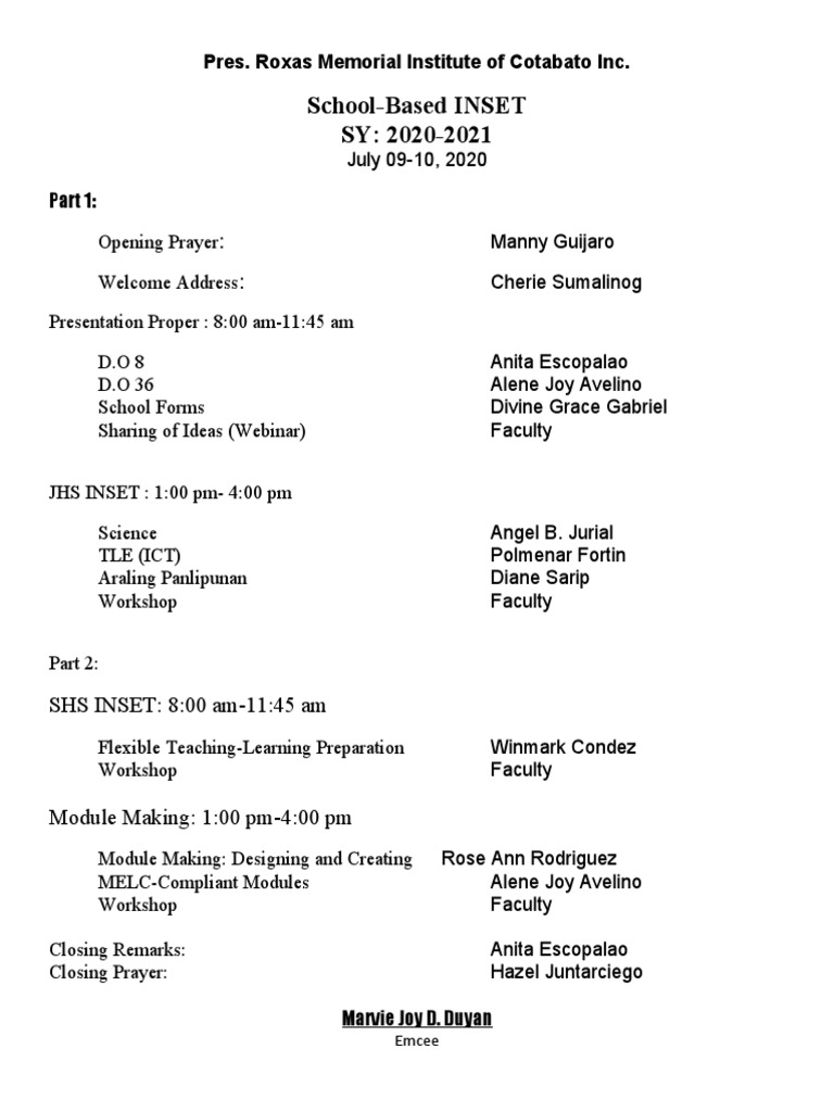 School-Based INSET SY: 2020-2021: Pres. Roxas Memorial Institute of ...
