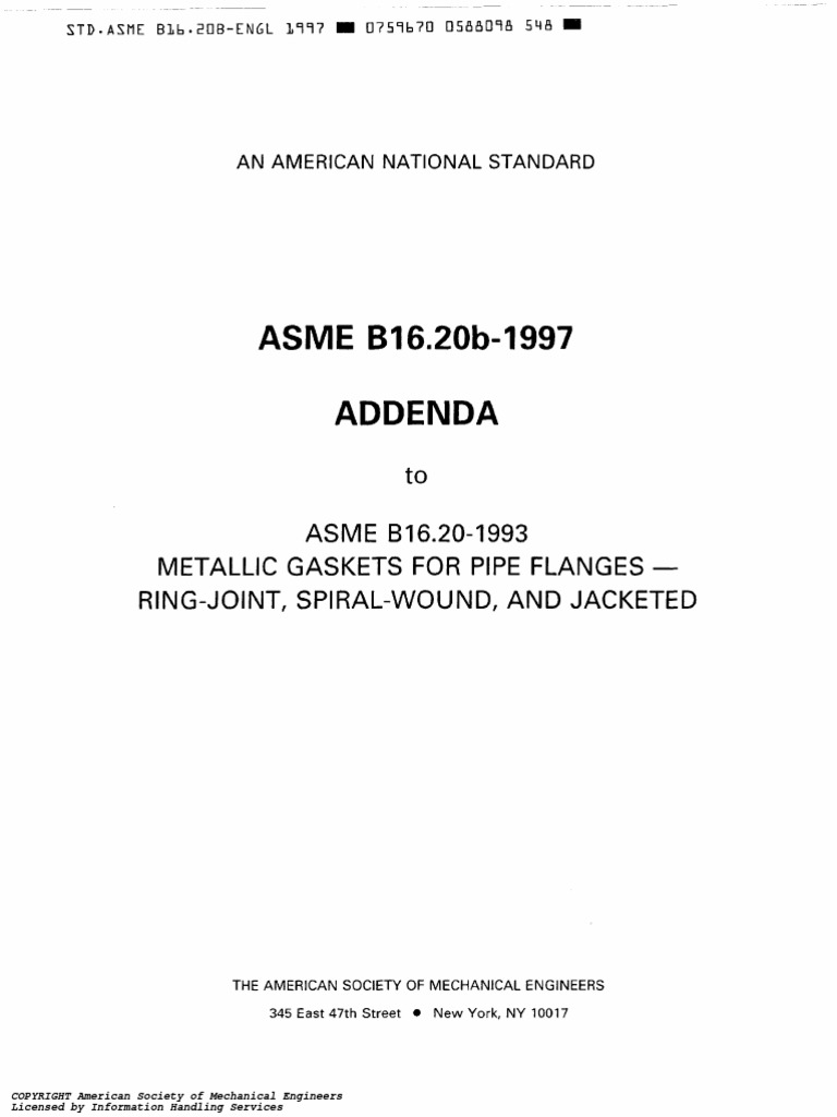 ASME B16.20b-1997 Addenda: Asme Metallic Gaskets For Pipe Flanges Ring ...