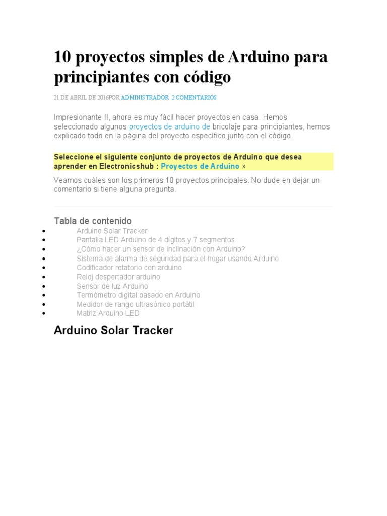 10 Proyectos Simples de Arduino para Principiantes Con Código | PDF ...
