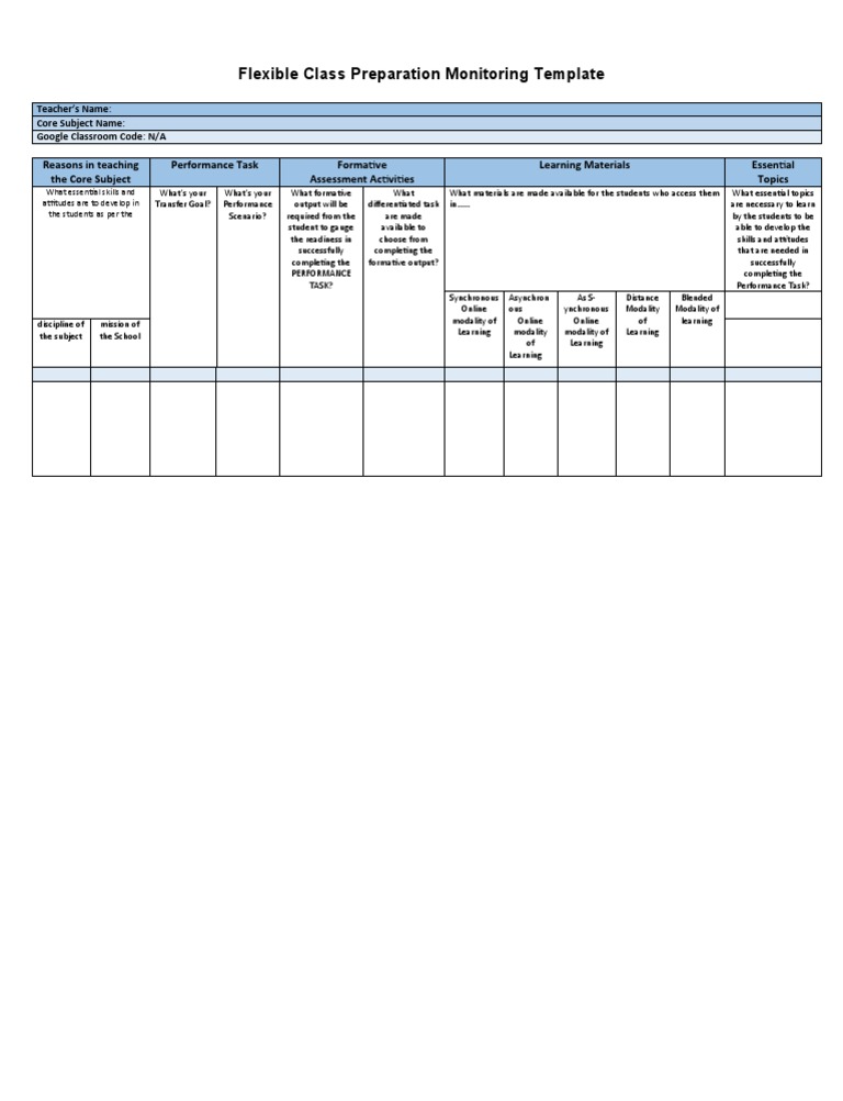 Flexible Class Monitoring Template | PDF | Learning | Teachers