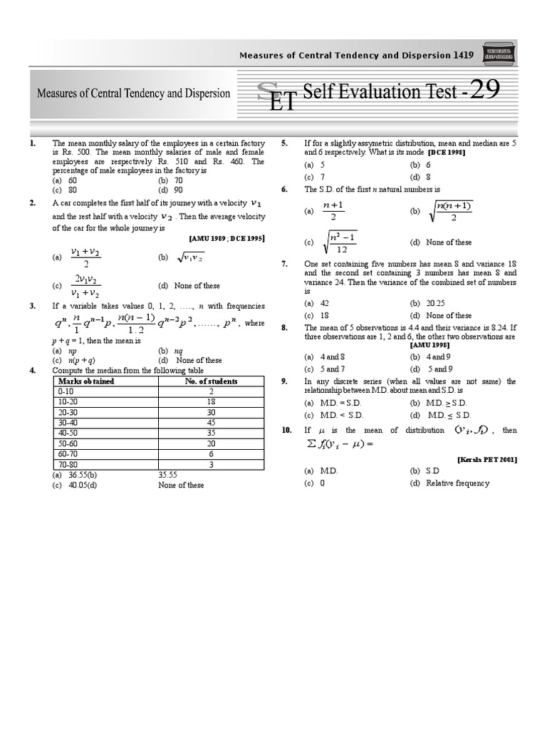 Self Evaluation Test-Chp. 29 | PDF | Mean | Standard Deviation