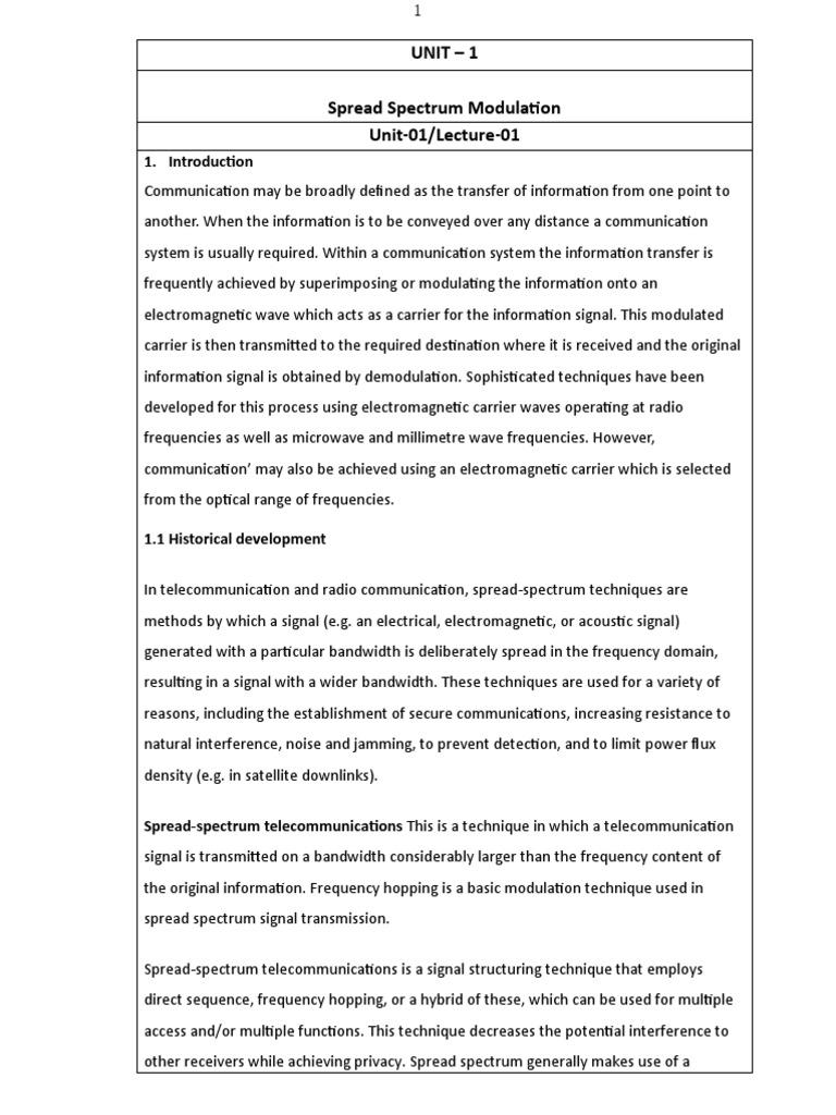 Unit - 1 Spread Spectrum Modulation Unit-01/Lecture-01 | PDF | Channel Access Method | Broadcast ...
