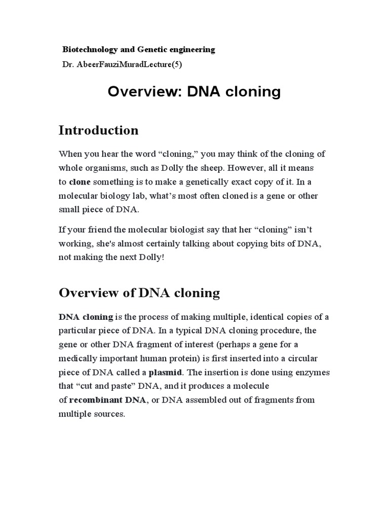 Overview: Dna Cloning: Dr. Abeerfauzimuradlecture | PDF | Molecular ...