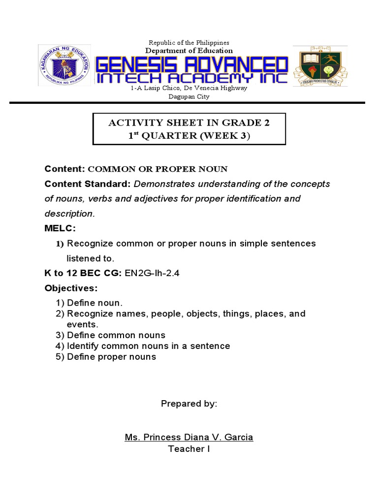 Activity Sheet in Grade 2 1 Quarter (Week 3) | PDF | Noun | Adjective