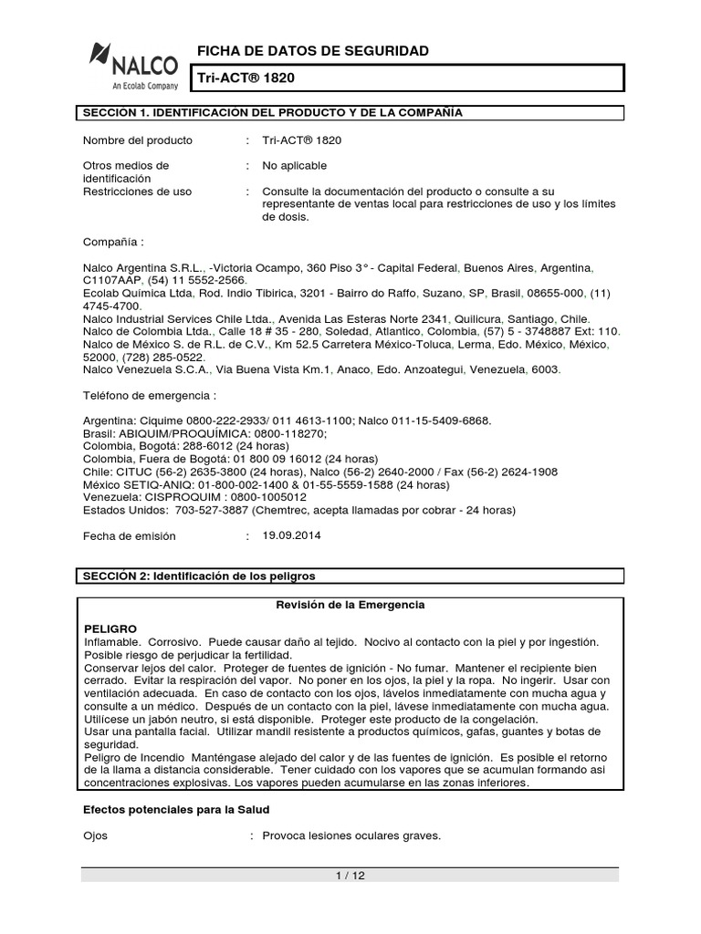 TRI-ACT® 1820 | PDF | Quemar | Ácido