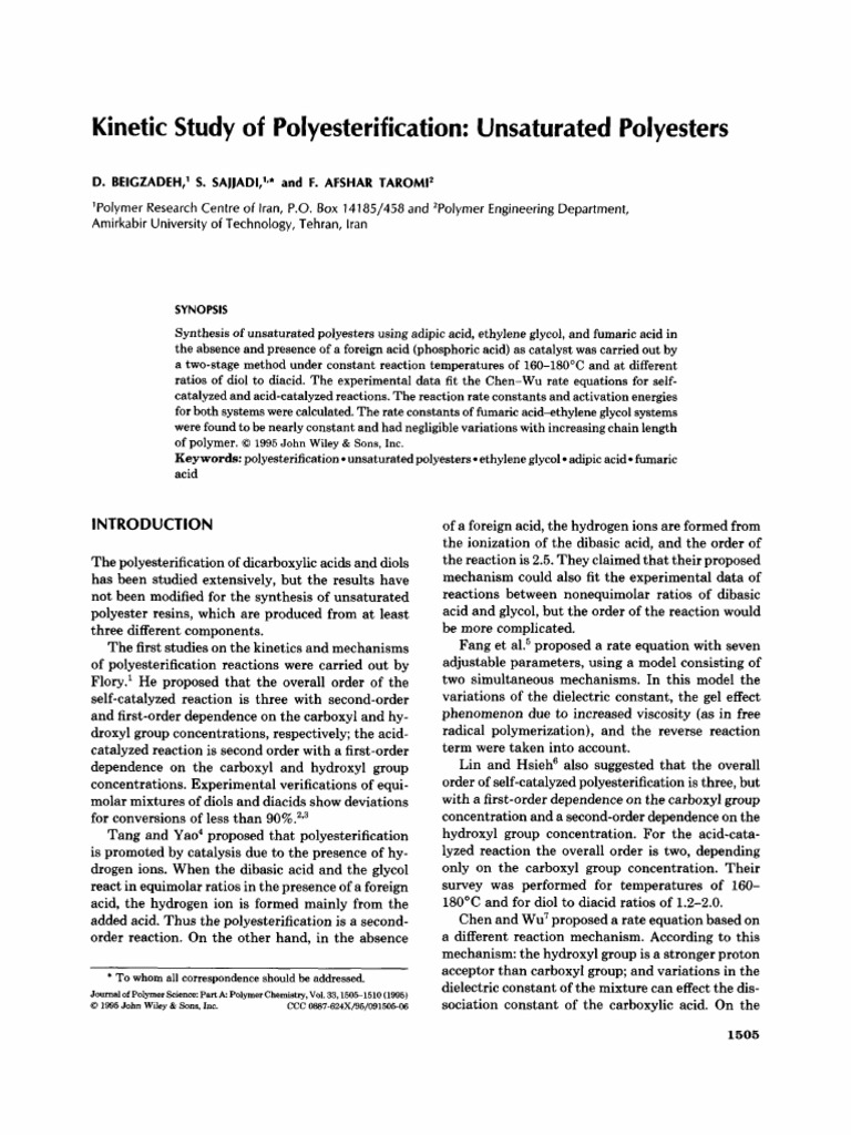 Kinetic Study of Polyesterification: Unsaturated Polyesters | PDF ...