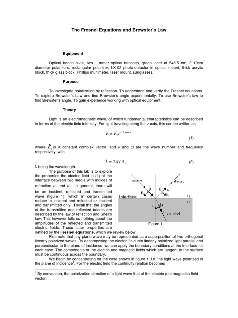 The Fresnel Equations and Brewster's Law: Equipment | PDF | Polarization (Waves) | Optics