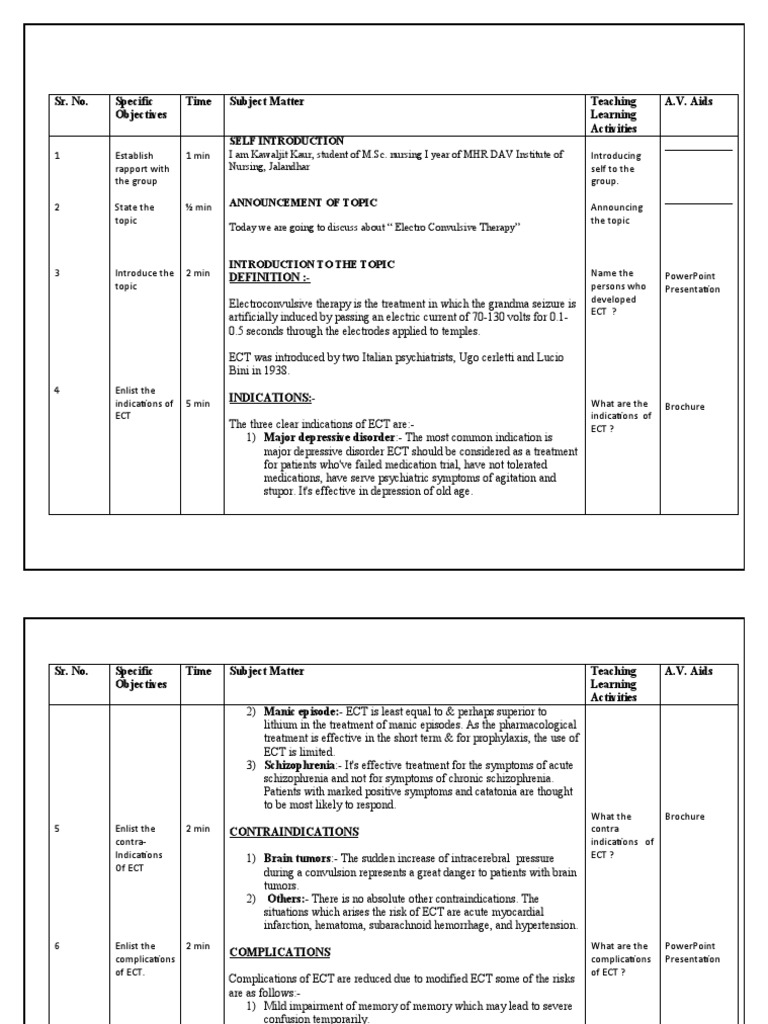 Lesson Plan - ECT | PDF | Electroconvulsive Therapy | Clinical Medicine
