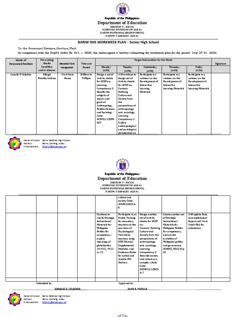 Department of Education: Bariw Nhs Workweek Plan - Senior High School ...