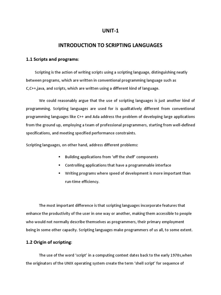 Unit 1 Introduction To Scripting Languages 11 Scripts And Programs Pdf Scripting Language