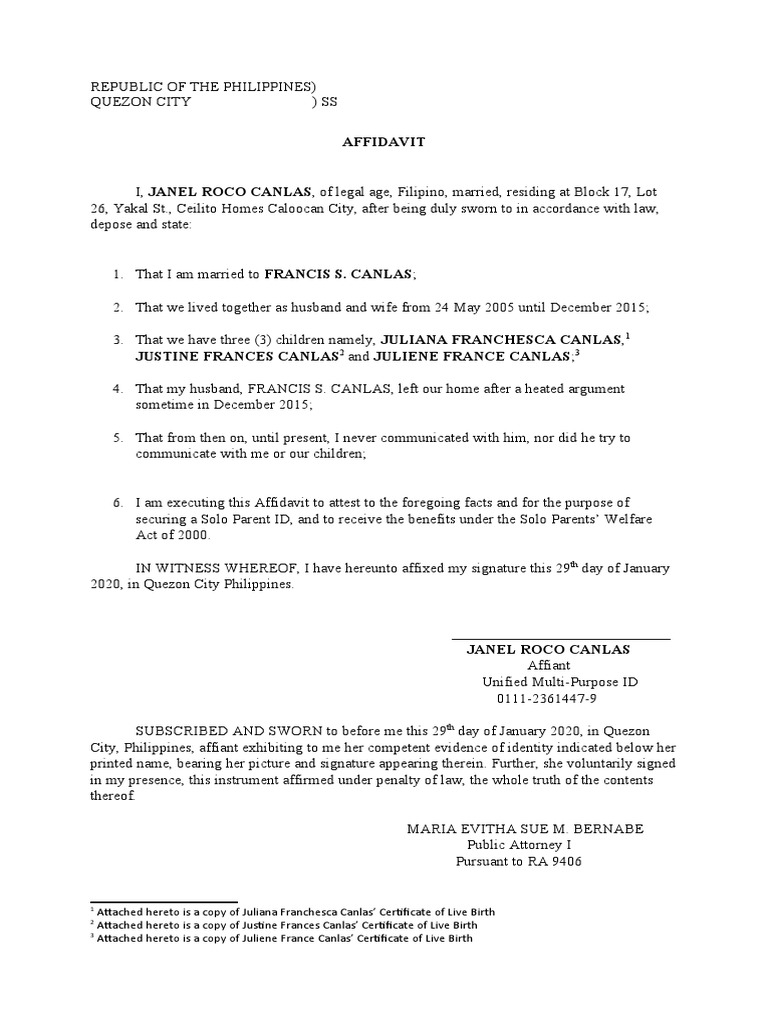 Affidavit - Solo Parent | PDF | Affidavit | Judiciaries