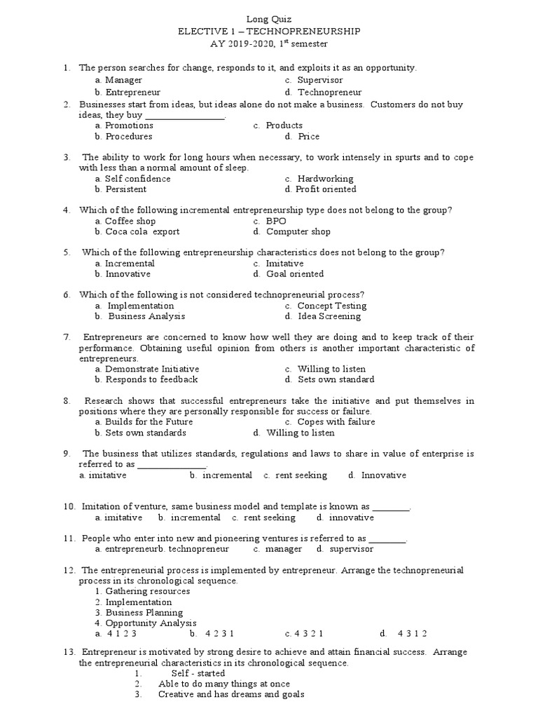 Long Quiz | PDF | Entrepreneurship | Corporations